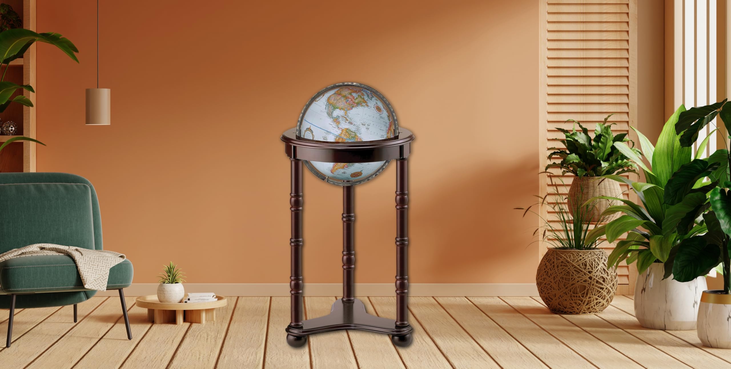 World globe with floor stand, USA Cartography with with Mountain Relief, Cherry Finsihed Hardwood Stand and Blue Ocean Globe Ball. The Lancaster Floor Globe from Replogle Globes is an enduring, classic piece. Standing at nearly three feet tall, the Lancas