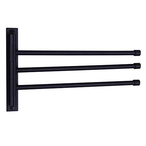 GERZWY Bath Towel Holder Swing Out Towel Bar SUS 304 Stainless Steel Bathroom Hand Towel Rack 3-Bar Folding Arm Swivel Hanger Wall Mount Matte Black HYG03-BK