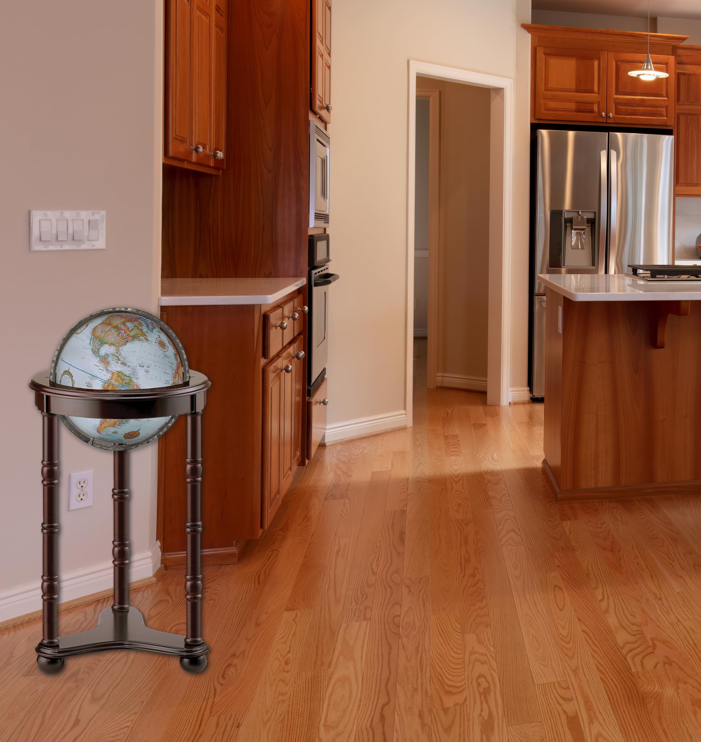 World globe with floor stand, USA Cartography with with Mountain Relief, Cherry Finsihed Hardwood Stand and Blue Ocean Globe Ball. The Lancaster Floor Globe from Replogle Globes is an enduring, classic piece. Standing at nearly three feet tall, the Lancas