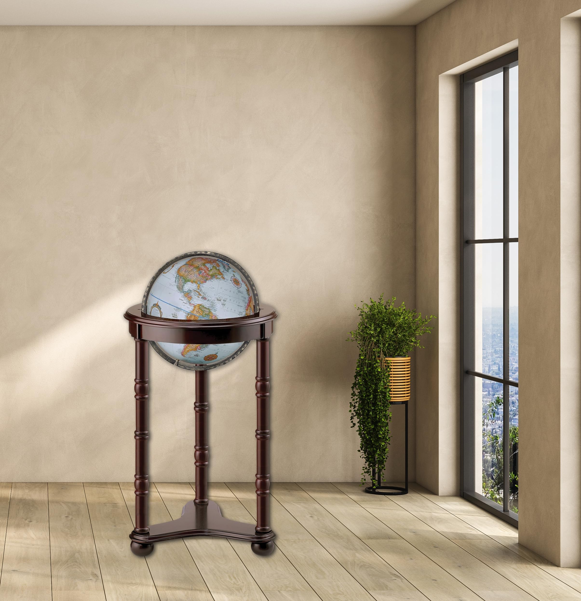 World globe with floor stand, USA Cartography with with Mountain Relief, Cherry Finsihed Hardwood Stand and Blue Ocean Globe Ball. The Lancaster Floor Globe from Replogle Globes is an enduring, classic piece. Standing at nearly three feet tall, the Lancas