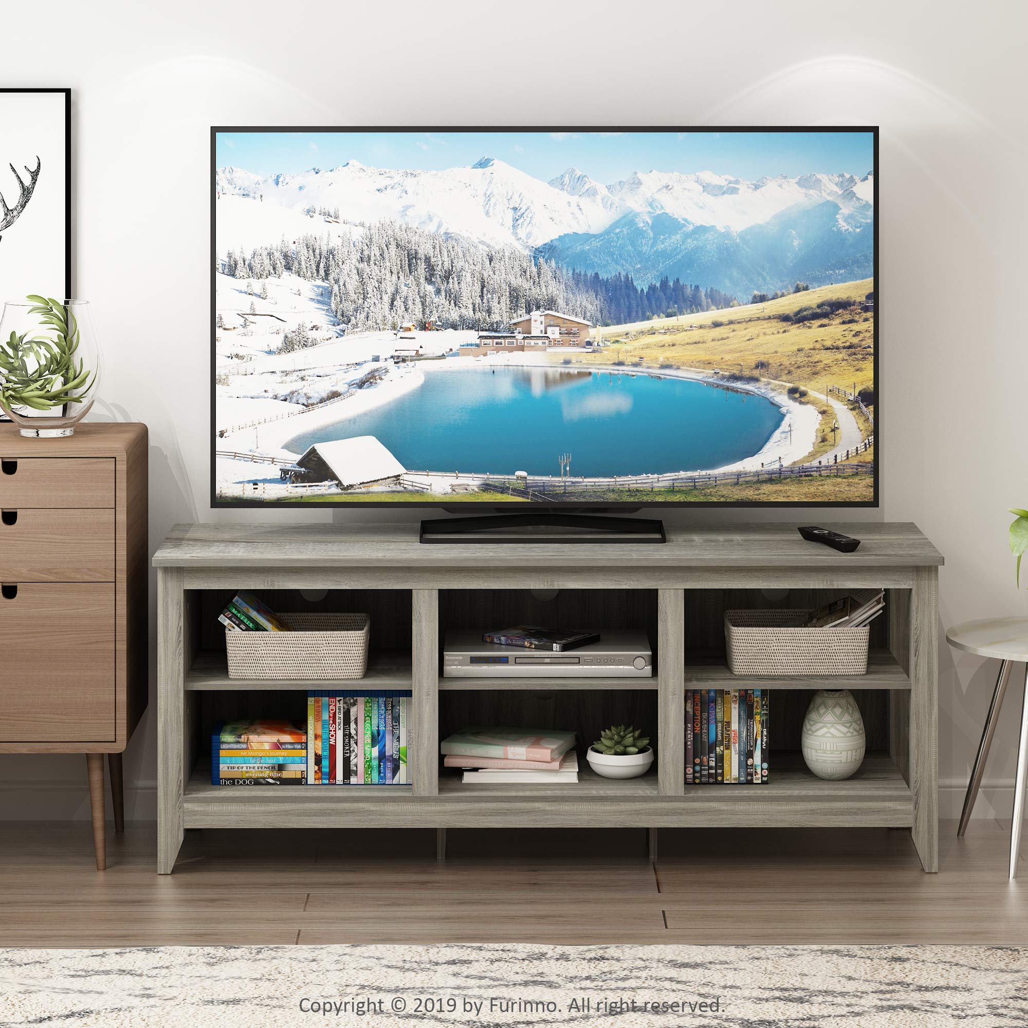 FURINNO Jensen TV Stand with Shelf, French Oak Grey, 65-Inch