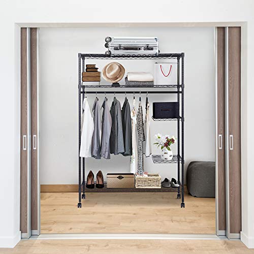 JS HOME Heavy Duty Garment Rack, Free-Standing Rolling Clothes Rack with Fitted Brown Oxford Cover, Extra Large Wardrobe Storage Rack/Organizer
