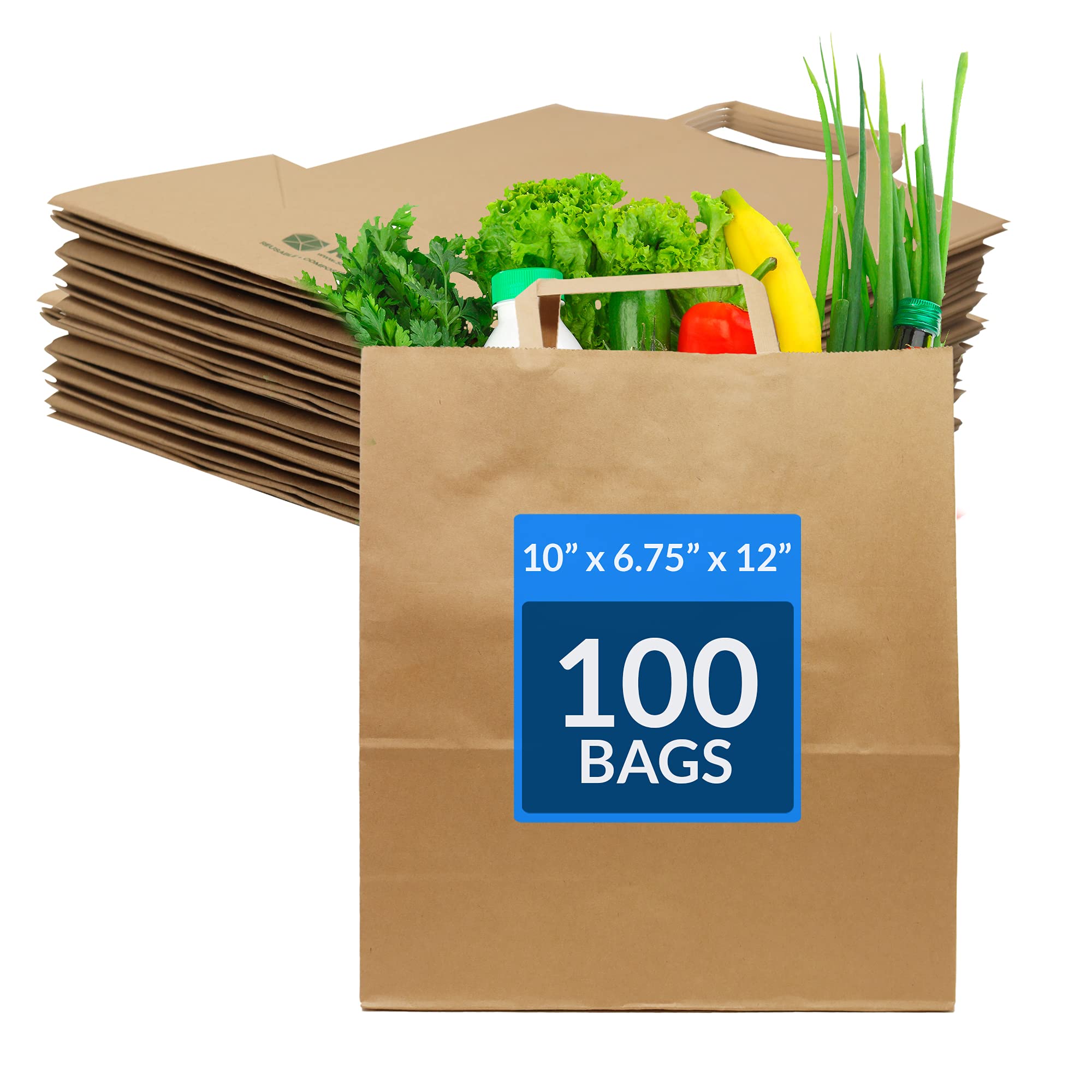 Reli. Kraft Paper Bags w/Handles (100 Pcs, Bulk) (Large 10"x6.75"x12") Brown Paper To Go/Take Out/Restaurant/Bags with Handles, Shopping Bags, Retail, Gifts | 25% larger than 10"x5"x13"