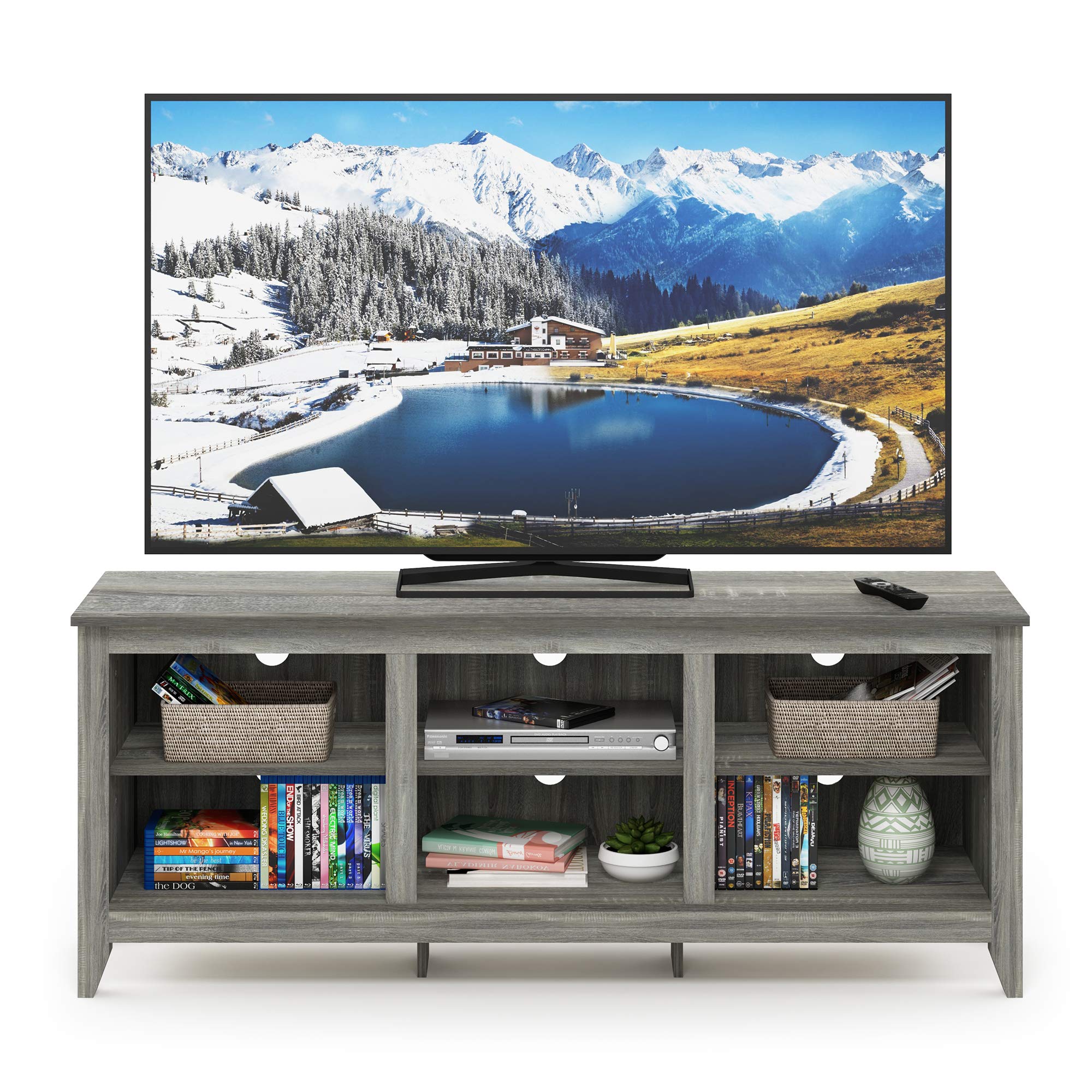 FURINNO Jensen TV Stand with Shelf, French Oak Grey, 65-Inch