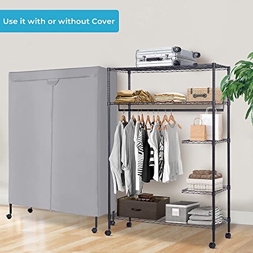 JS HOME Heavy Duty Garment Rack, Free-Standing Rolling Clothes Rack with Fitted Brown Oxford Cover, Extra Large Wardrobe Storage Rack/Organizer