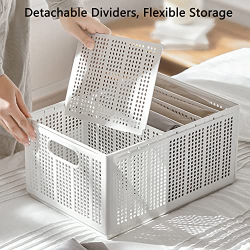 OMSORG Clothes Organizer for Folded Clothes, Plastic Storage Basket with Removable Partitions, Stackable Wardrobe Clothes Organizer Closet Storage Bins, for Bedroom Bathroom Home Organization