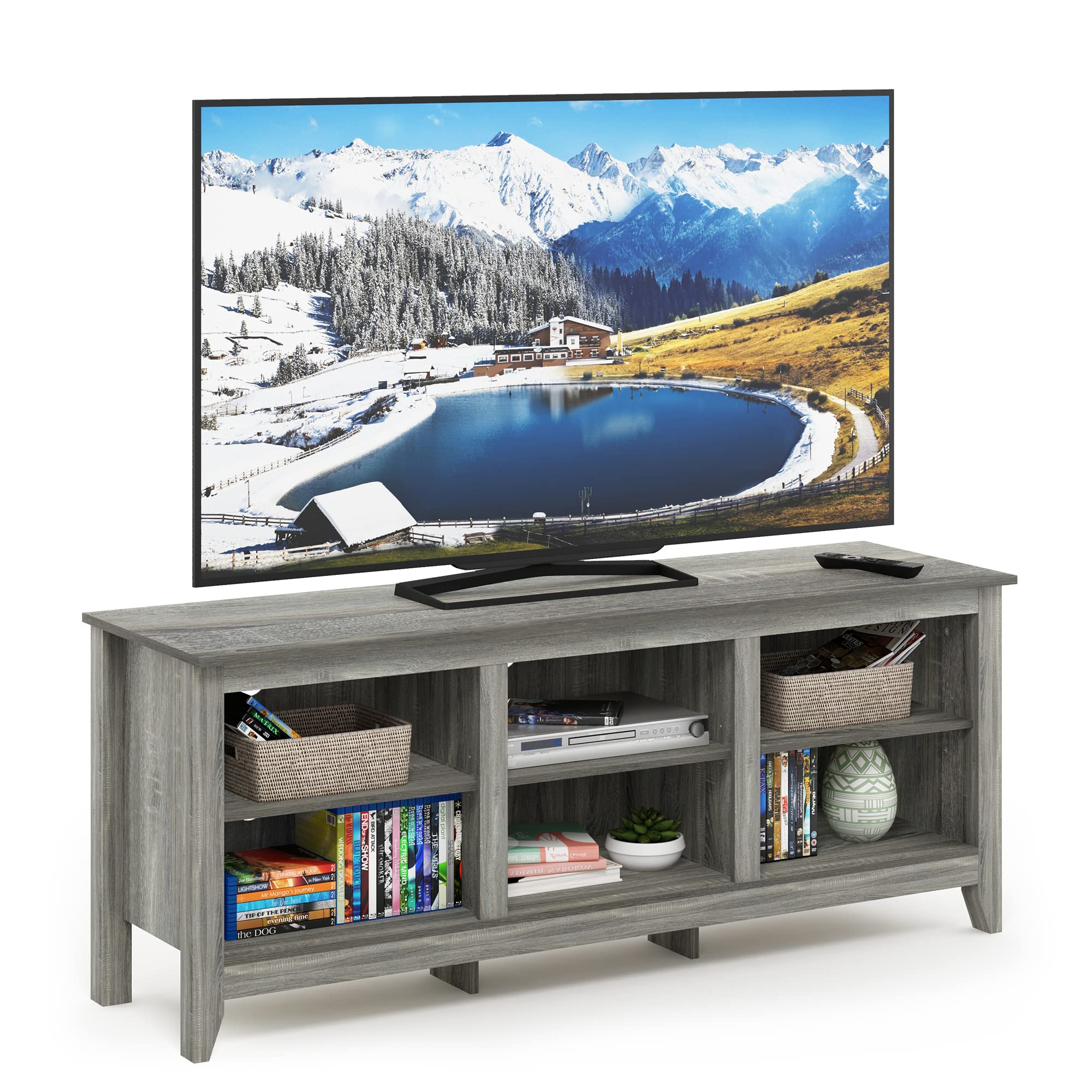 FURINNO Jensen TV Stand with Shelf, French Oak Grey, 65-Inch