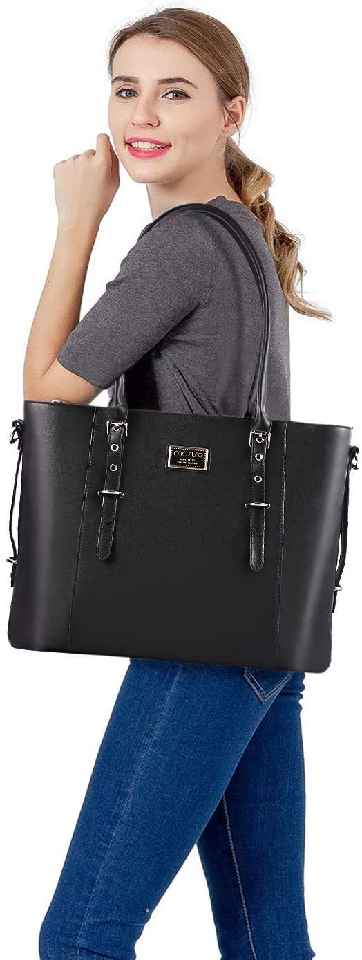 MOSISO PU Leather Laptop Tote Bag for Women (13-13.3 inch), Waterproof Large Capacity Business Work Briefcase Shoulder Laptop Bag, Black