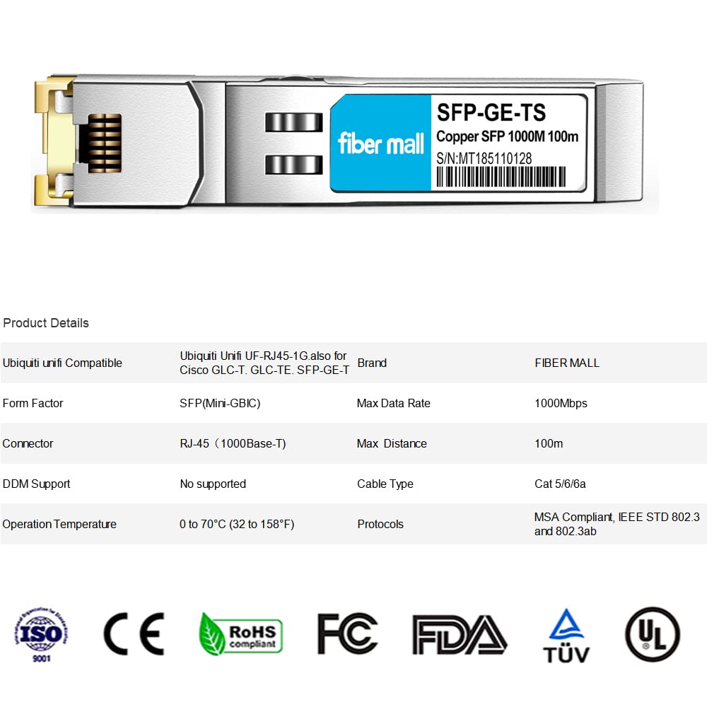 SFP to RJ45 for Cisco GLC-T GLC-TE SFP-GE-T Ubiquiti Unifi UF-RJ45-1G Netgear AGM734 D-Link DGS-712 Finisar FCLF852XP2BTL 1000BASE-T SFP Mini GBIC Copper RJ-45 100m Transceiver Module