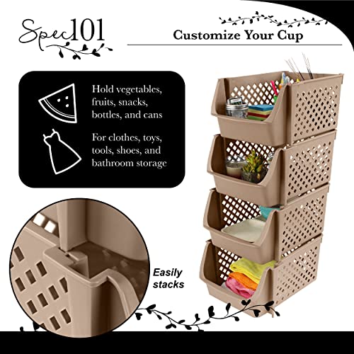Spec101 Plastic Stackable Storage Bins - 4pc Tan Closet Organizer Bins 28in Tall Big Plastic Boxes for Home and Kitchen