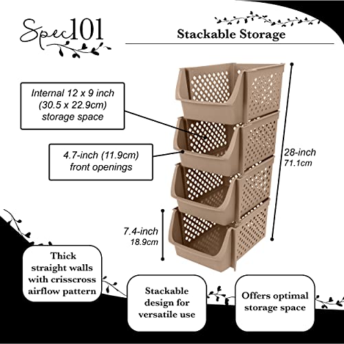 Spec101 Plastic Stackable Storage Bins - 4pc Tan Closet Organizer Bins 28in Tall Big Plastic Boxes for Home and Kitchen