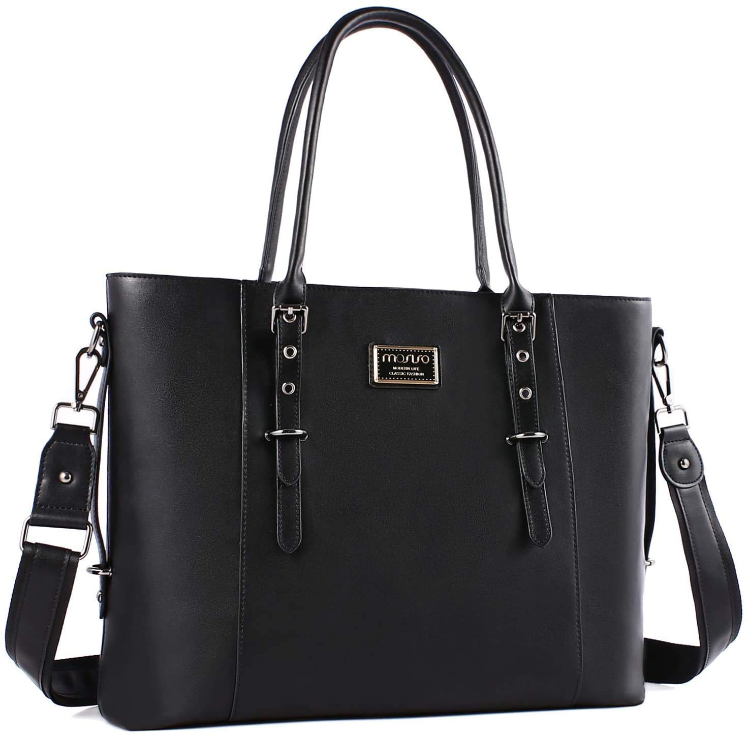 MOSISO PU Leather Laptop Tote Bag for Women (13-13.3 inch), Waterproof Large Capacity Business Work Briefcase Shoulder Laptop Bag, Black