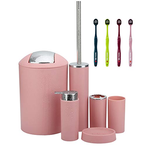 Otostar 6 Piece Bathroom Accessories Set Plastic Bath Accessories Lotion Bottles,Toothbrush Holder, Soap Dish,Toilet Brush with Holder,Trash Can,Tooth Mug Decorative Housewarming Gift (Pink)