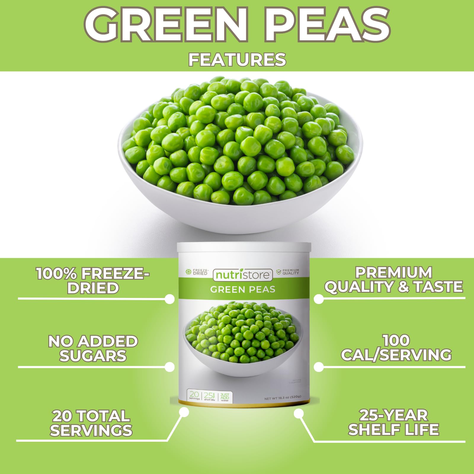 Nutristore Freeze Dried Green Peas | Vegetables for Healthy Snack or Long Term Storage | Emergency Survival Canned Food Supply | Bulk #10 Can Veggies | 25 Year Shelf Life | 20 Servings, 18.3 oz
