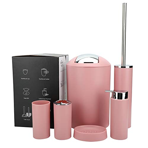 Otostar 6 Piece Bathroom Accessories Set Plastic Bath Accessories Lotion Bottles,Toothbrush Holder, Soap Dish,Toilet Brush with Holder,Trash Can,Tooth Mug Decorative Housewarming Gift (Pink)