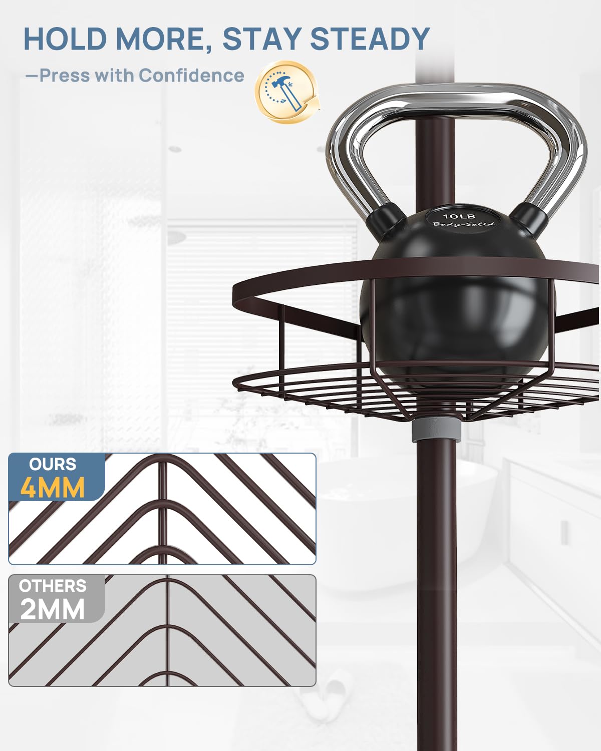 SEIRIONE Rustproof Shower Corner Caddy Organizer for Bathroom,Tension Pole with 4 Baskets, for Bathtub Storage Rack,39.2 to 113 Inch Height, Bronze