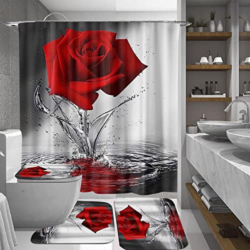 Romantic Red Rose Bathroom Sets with Rugs and Accessories Red Rose Bath Mat,Toilet Lid Cover,U-Shaped Mat 4pcs,Waterproof Fabric Bathroom Shower Curtain Sets for Decor
