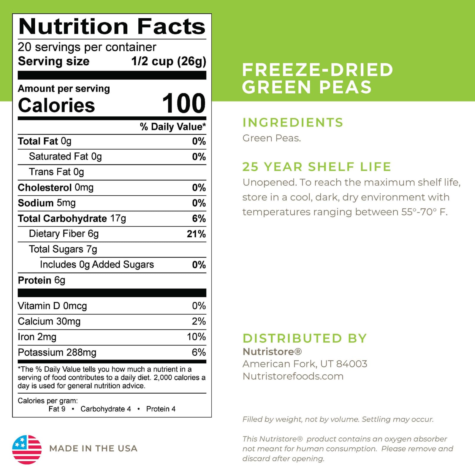 Nutristore Freeze Dried Green Peas | Vegetables for Healthy Snack or Long Term Storage | Emergency Survival Canned Food Supply | Bulk #10 Can Veggies | 25 Year Shelf Life | 20 Servings, 18.3 oz
