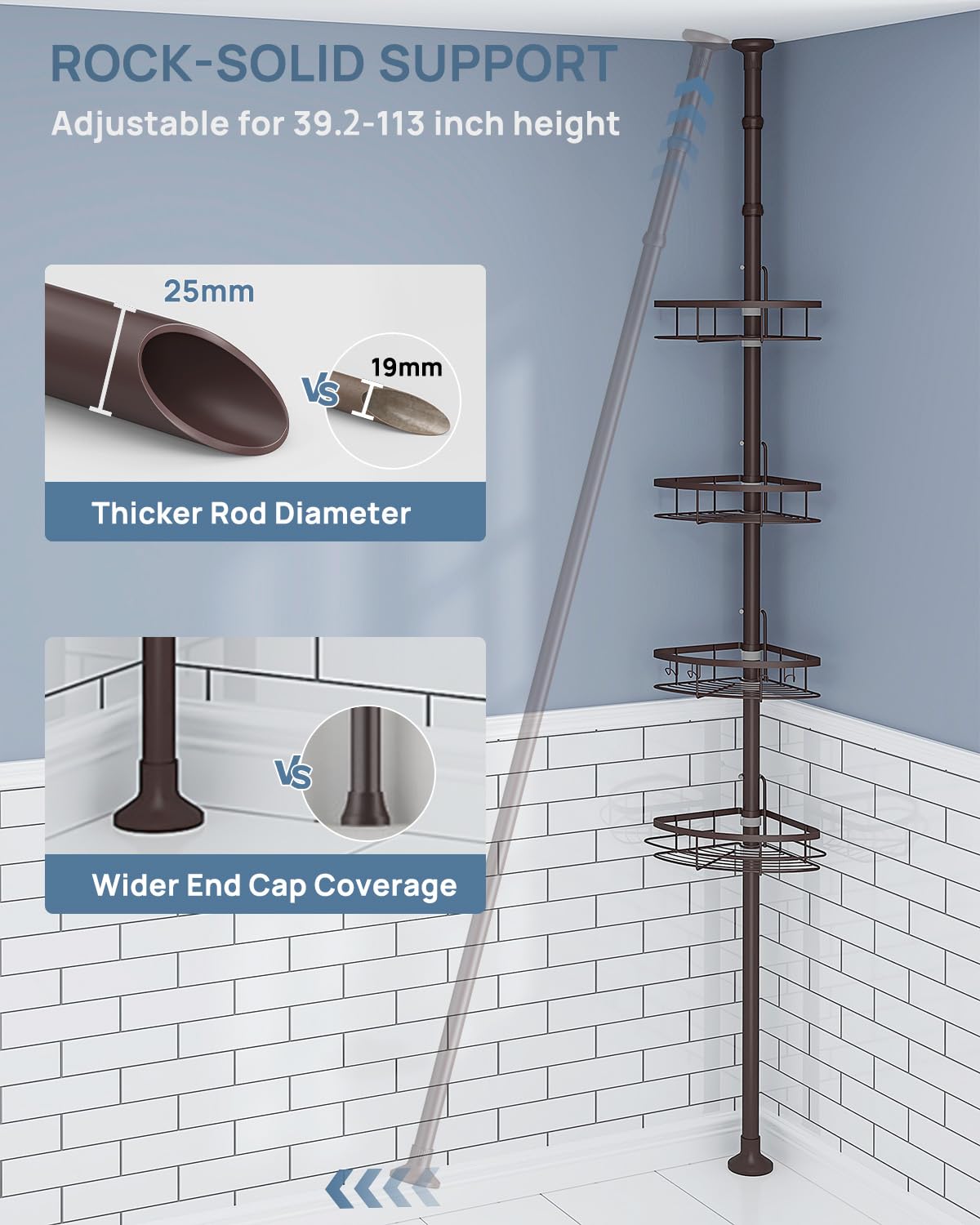 SEIRIONE Rustproof Shower Corner Caddy Organizer for Bathroom,Tension Pole with 4 Baskets, for Bathtub Storage Rack,39.2 to 113 Inch Height, Bronze