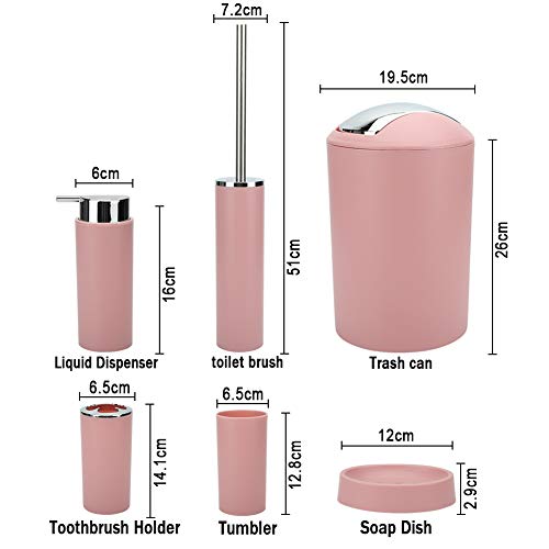 Otostar 6 Piece Bathroom Accessories Set Plastic Bath Accessories Lotion Bottles,Toothbrush Holder, Soap Dish,Toilet Brush with Holder,Trash Can,Tooth Mug Decorative Housewarming Gift (Pink)