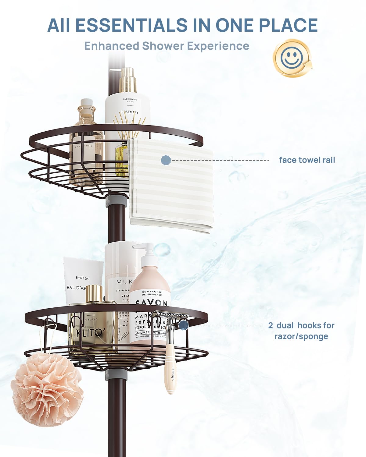 SEIRIONE Rustproof Shower Corner Caddy Organizer for Bathroom,Tension Pole with 4 Baskets, for Bathtub Storage Rack,39.2 to 113 Inch Height, Bronze