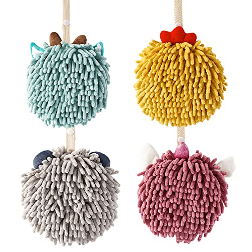 Bunnikins & Clover 4-Pack Chenille Cute Kids Hand Towel with Hanging Loop, Microfiber Plush Absorbent Toddler Hand Bath Towels for Bathroom Kitchen