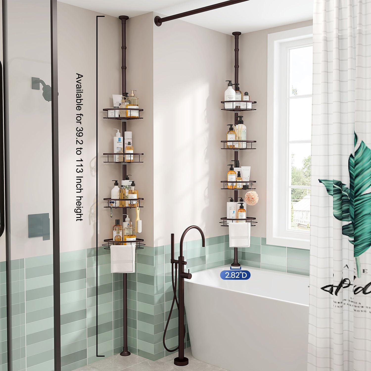 SEIRIONE Rustproof Shower Corner Caddy Organizer for Bathroom,Tension Pole with 4 Baskets, for Bathtub Storage Rack,39.2 to 113 Inch Height, Bronze