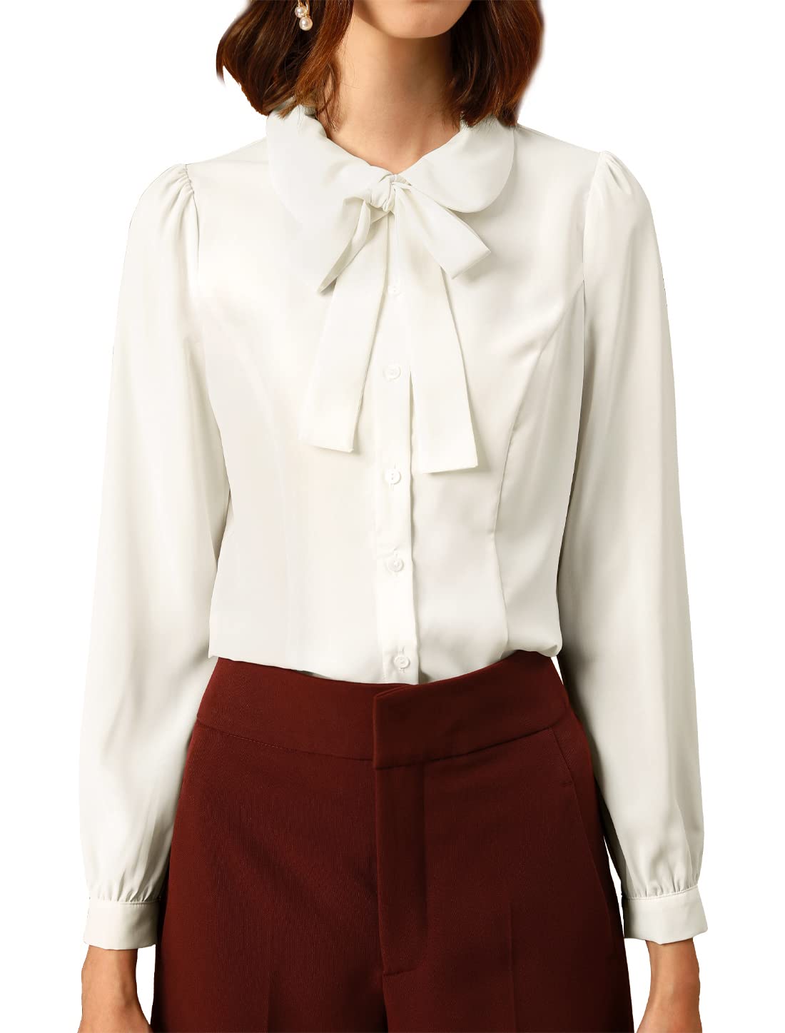 Allegra K Women's Peter Pan Collar Blouse Bow Tie Neck Vintage Button Up Shirt Large White