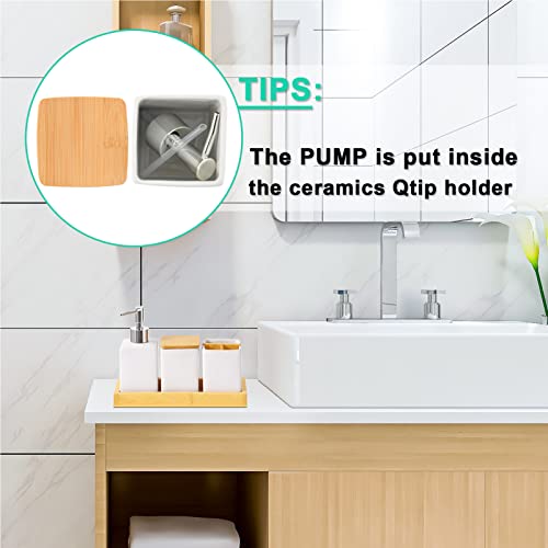 VITVITI Bamboo Bathroom Accessories, White Bathroom Organizer Countertop, Soap Dispenser and Toothbrush Holder Set, Vanity Tray for Bathroom, 4 Pieces Ceramics Decor