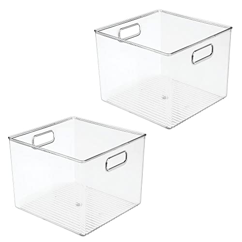 mDesign Plastic Deep Home Storage Organizer Basket Bin with Handles for Cube Furniture Shelving in Office, Closet, Bedroom, Laundry Room, Nursery, Kids Toy Room Shelf - Ligne Collection, 2 Pack, Clear