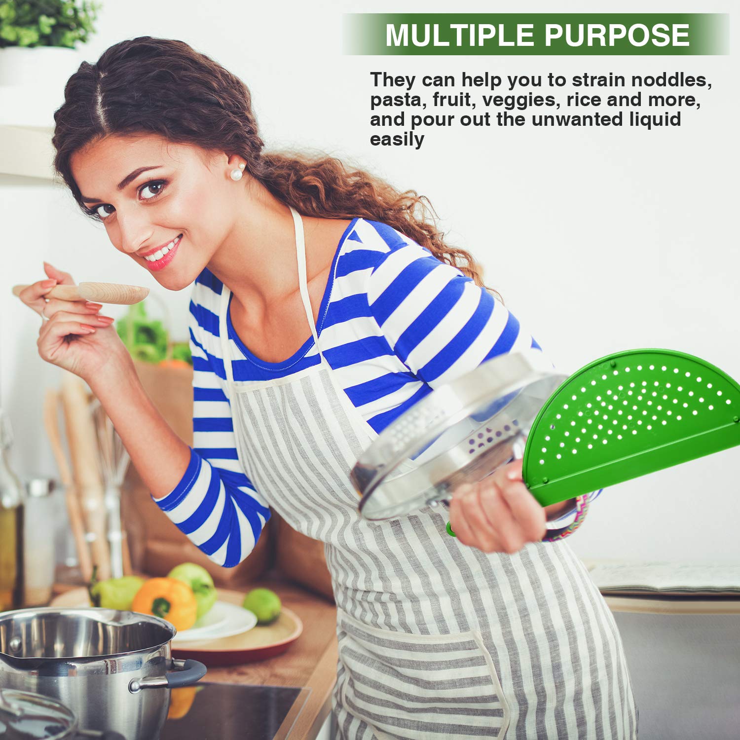 3 Pieces Pot Drainer with Handle Hand Held Pan Pot Strainer Plastic Pot Side Strainer Pasta Pot Drainers for Noddles Fruit Veggies and More, Fits up to 9 Inches