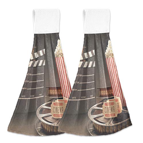 ATTX Set of 2 Movie Theater Popcorn Hanging Tie Towels Absorbent Soft Coral Velvet Kitchen Hand Towel Dish Wipe Cloth for Kitchen Bathroom