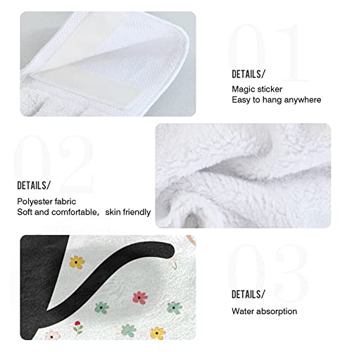 KOCOART Cute Black Cat Kitchen Towels Spring Summer Flower Bathroom Hand Towel Hanging Tie Towel with Loop 2PCS Soft Absorbent Dish Cloth Fingertip Towel for Oven Stove Handle Tabletop