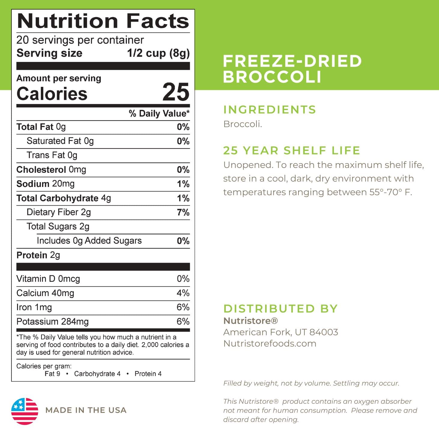 Nutristore Freeze Dried Broccoli | Vegetables for Healthy Snack or Long Term Storage | Emergency Survival Canned Food Supply | Bulk #10 Can Veggies | 25 Year Shelf Life (4-Pack)