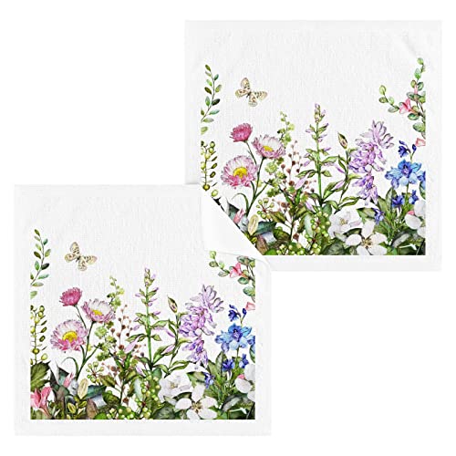 ALAZA Wash Cloth Set Wild Flowers Butterfly - Pack of 6 , Cotton Face Cloths, Highly Absorbent and Soft Feel Fingertip Towels(236na5b)