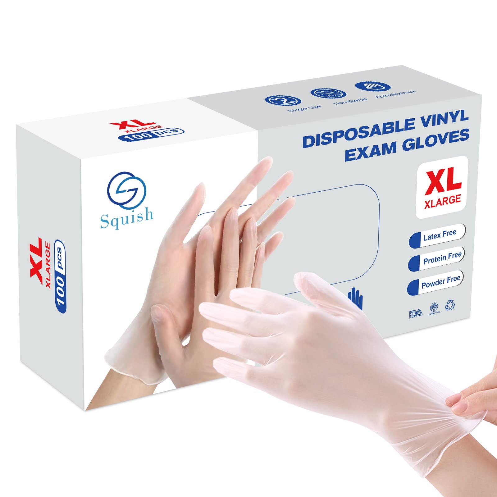 squish Disposable Gloves,Clear Vinyl Gloves Latex Free Powder-Free Glove Cleaning Health Gloves for Kitchen Cooking Cleaning Food Handling, 100PCS/Box, X-Large