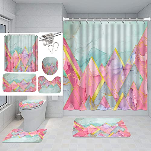 HOMAEUPIN 4 Pcs Gold Colorful Geometry Marble Shower Curtain Sets Watercolor Light Luxury Non-Slip Rugs Toilet Lid Cover U-Shaped Mat Modern Bathroom Accessory Sets 24 Hooks Red