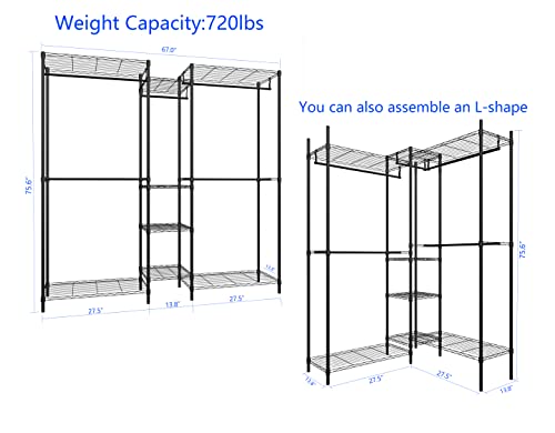 Serxis Heavy Duty Clothes Rack for Hanging Clothes, Metal Garment Rack,Large Capacity Portable Clothing Rack,Freestanding Open Wardrobe Organizer Rack, 67.0"L x 13.8"W x 75.6"H Max Load 720LBS, Black