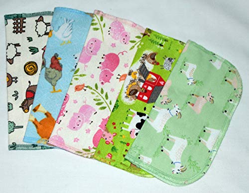 1 Ply Printed Flannel 8x8 Inches Little Wipes Set of 5 Farm AnimalsFBA