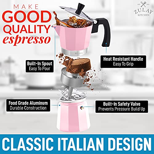 Zulay Kitchen Stovetop Espresso Maker - Moka Pot 6 Espresso Cups - Percolator Coffee Maker for Classic Cuban & Italian Style Espresso - Portable Coffee Maker for Camping & Travel - (Pink)