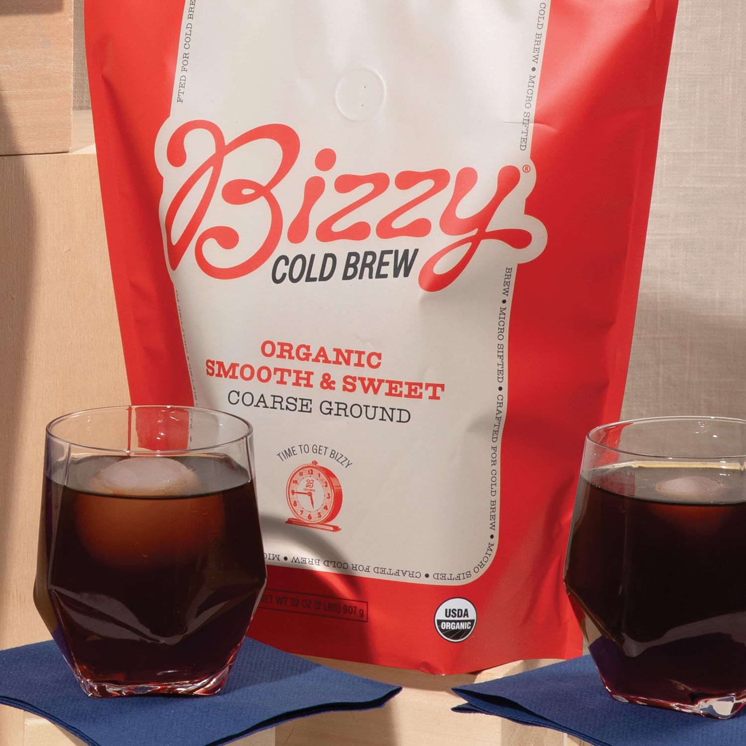 Bizzy Organic Cold Brew Coffee | Smooth & Sweet Blend | Coarse Ground Coffee | Medium Roast | Micro Sifted | Specialty Grade | 100% Arabica | 2 LB