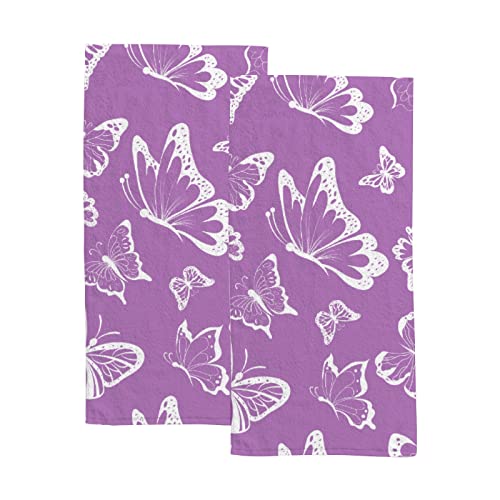 Hand Bath Towels 2 Pack Purple Butterflies Absorbent Face Fingertip Towels for Bathroom Kitchen Gym Spa Soft Hair Drying Cloth Quick Dry, 30 x 15 Inch