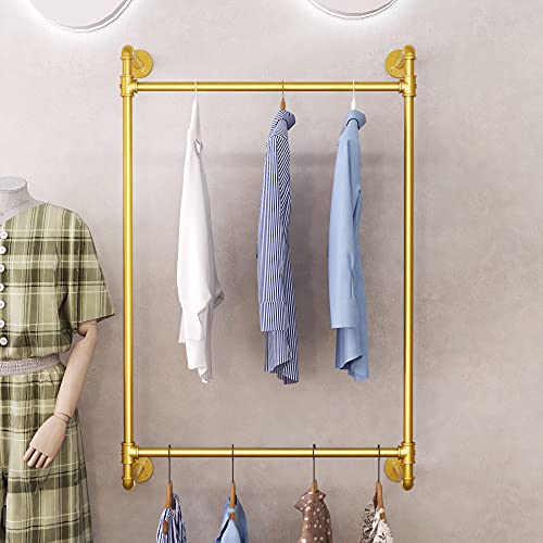 MaiRHK Metal Industrial Pipe Clothing Garment Rack Wall Mounted Heavy Duty Closet Storage Rod Vintage Commercial Clothes Racks for Hallway Retail Boutique (Gold)