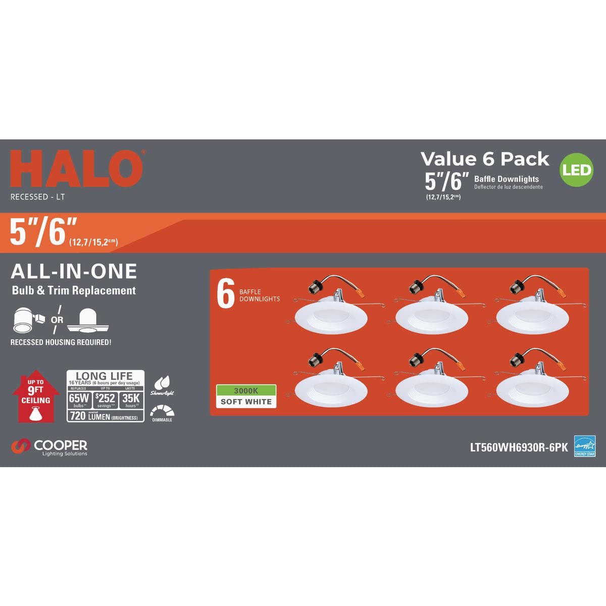 HALO 6 inch Recessed LED Can Light – Retrofit Ceiling & Shower Downlight – 3000K - Baffle White Trim (6 Pack)
