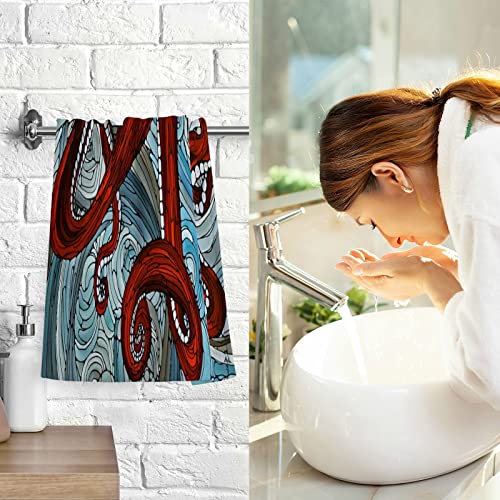 Blueangle Wavy Red Octopus Print Pure Cotton Hand Towels for Bath Decorative Guest Towels Fingertip Towels for Bathroom Spa Gym, 2-Piece, 16 x 28 inches(369)