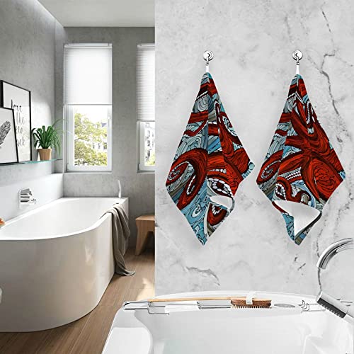 Blueangle Wavy Red Octopus Print Pure Cotton Hand Towels for Bath Decorative Guest Towels Fingertip Towels for Bathroom Spa Gym, 2-Piece, 16 x 28 inches(369)