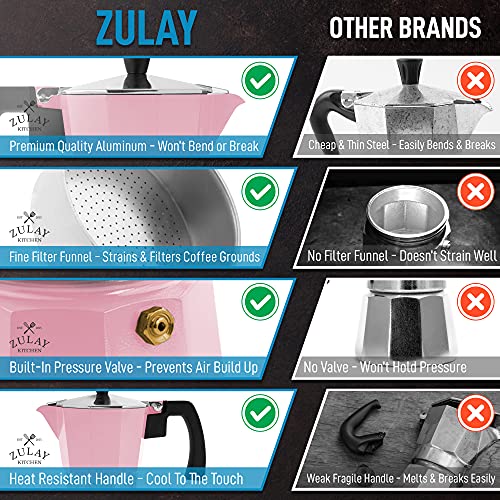 Zulay Kitchen Stovetop Espresso Maker - Moka Pot 6 Espresso Cups - Percolator Coffee Maker for Classic Cuban & Italian Style Espresso - Portable Coffee Maker for Camping & Travel - (Pink)