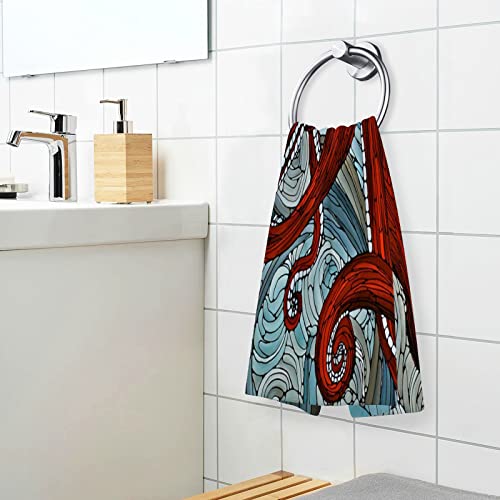 Blueangle Wavy Red Octopus Print Pure Cotton Hand Towels for Bath Decorative Guest Towels Fingertip Towels for Bathroom Spa Gym, 2-Piece, 16 x 28 inches(369)