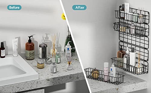 CALM COZY Bathroom Organizer, 4-Tier Shower Caddy Basket, Wall Mount Shower Organizer Metal Shelves Organization, Rustproof Bathroom Shelves Storage with 6 Hooks for Hanging Sponge, Black