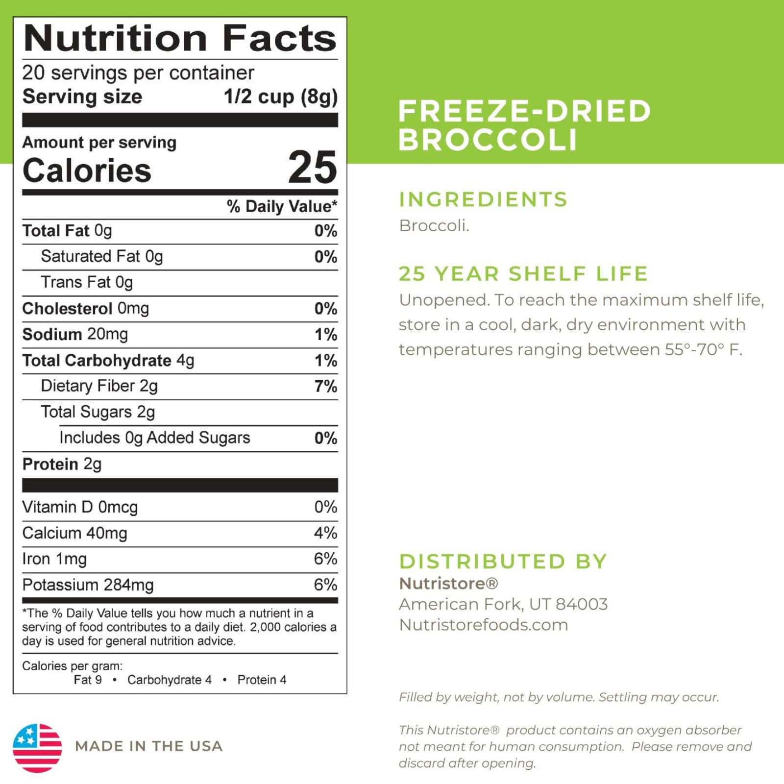 Nutristore Freeze Dried Broccoli | Survival Emergency Veggie Supply, Healthy Meals, Camping | Made in USA | 25 Year Shelf Life | #10 Can